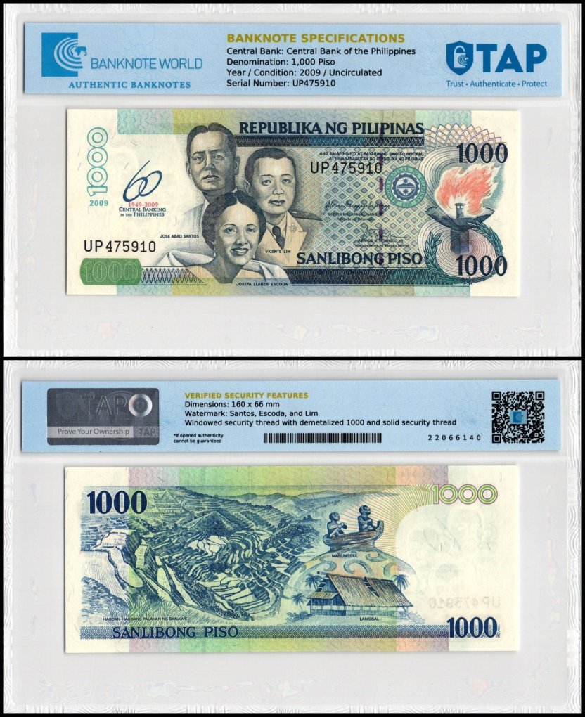 Philippines 1,000 Piso Banknote, 2009, P-205, UNC, Commemorative, TAP ...