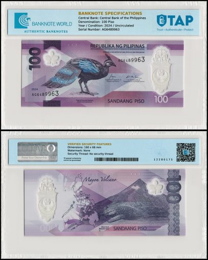 Philippines 100 Piso Banknote, 2024, P-238, UNC, Polymer, TAP Authenticated