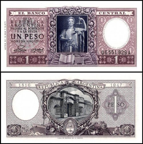 Argentina 1 Peso Banknote, 1952-1955, P-260b, UNC, Commemorative