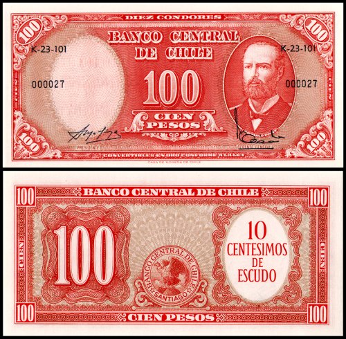 Chile 10 Centesimos de Escudo on 100 Pesos Banknote, 1960-1961 ND, P ...