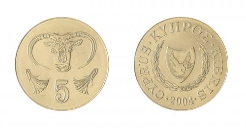 Cyprus 5 Cents Coin, 1991-2004, KM #55.3, Mint, Laurel, Coat of Arms