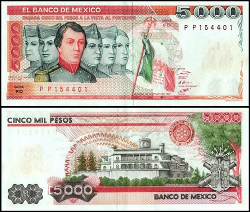 Mexico 5,000 Pesos Banknote, 1985, P-87, Series Vary, Used
