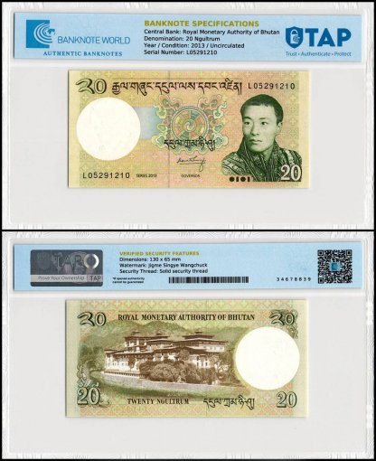Bhutan 20 Ngultrum Banknote, 2013, P-30b, UNC, TAP Authenticated