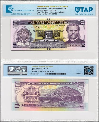 Honduras 2 Lempiras Banknote, 2022, P-97e, UNC, TAP Authenticated