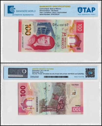 Mexico 100 Pesos Banknote, 2022, P-134h.2, UNC, Polymer, TAP Authenticated