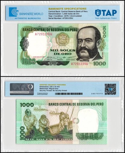 Peru 1,000 Soles de Oro Banknote, 1979, P-118b, UNC, TAP Authenticated