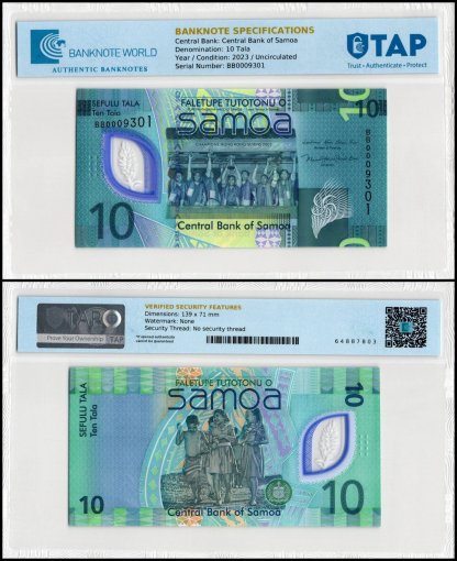 Samoa 10 Tala Banknote, 2023 ND, P-48, UNC, Polymer, TAP Authenticated