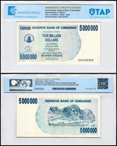 Zimbabwe 5 Million Dollars Bearer Cheque, 2008, P-54, Used, TAP ...