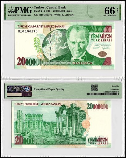 rkey 20 Million Lira Banknote, L. 1970 (2001), P-215a.2, PMG 66