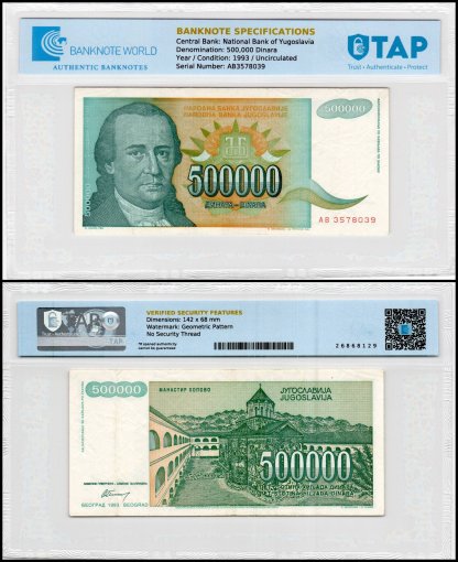 Yugoslavia 500,000 Dinara Banknote, 1993, P-131, UNC, TAP Authenticated